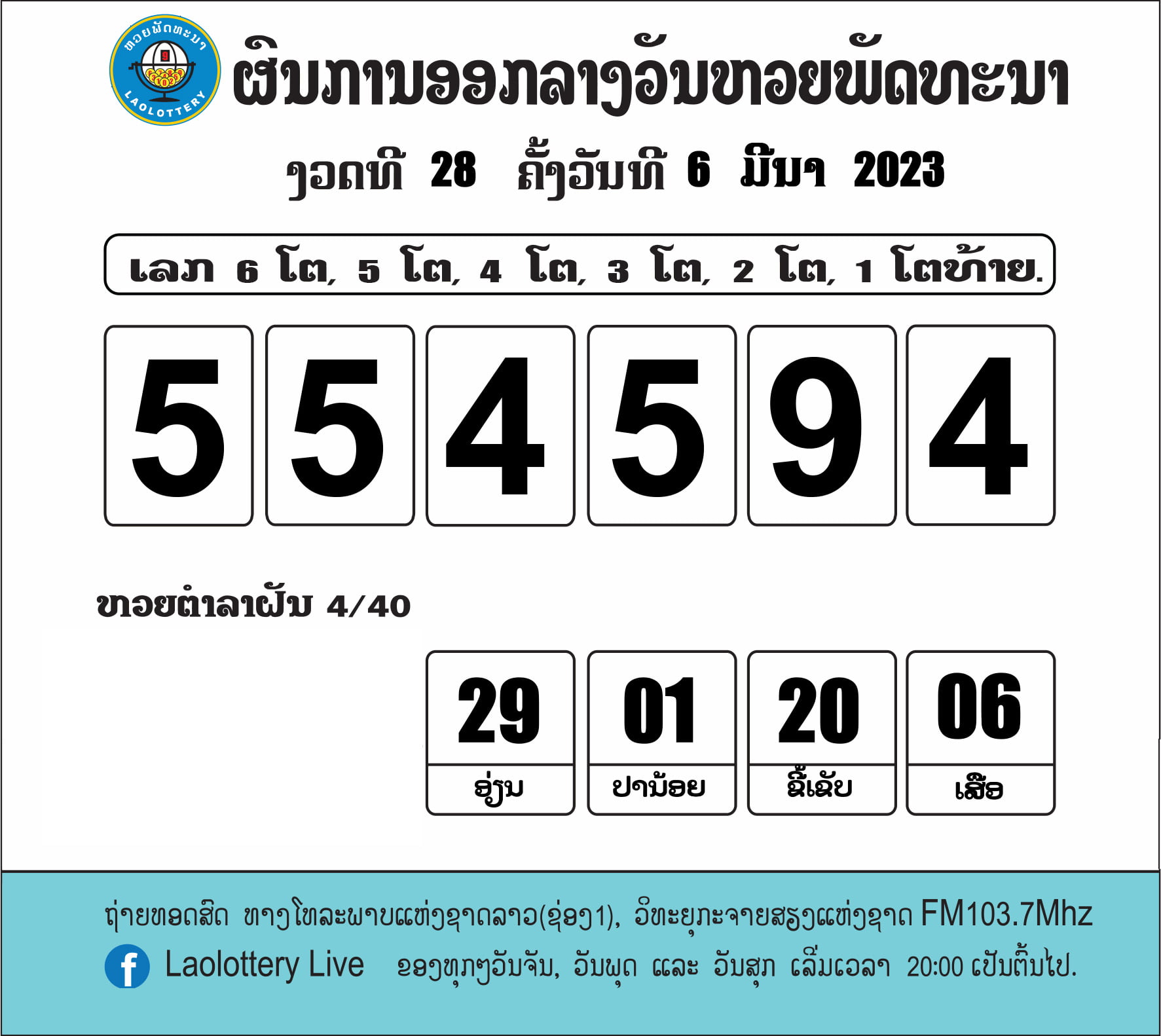 หวยลาว 6/3/66 ถ่ายทอดสด+ผลหวยลาว 6 มีนาคม 2566 - Zcooby.com